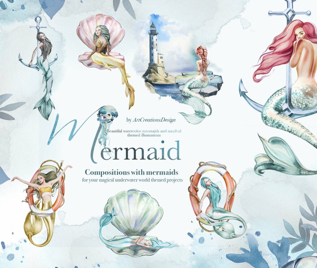 Watercolor Mermaid Clipart Set – MasterBundles