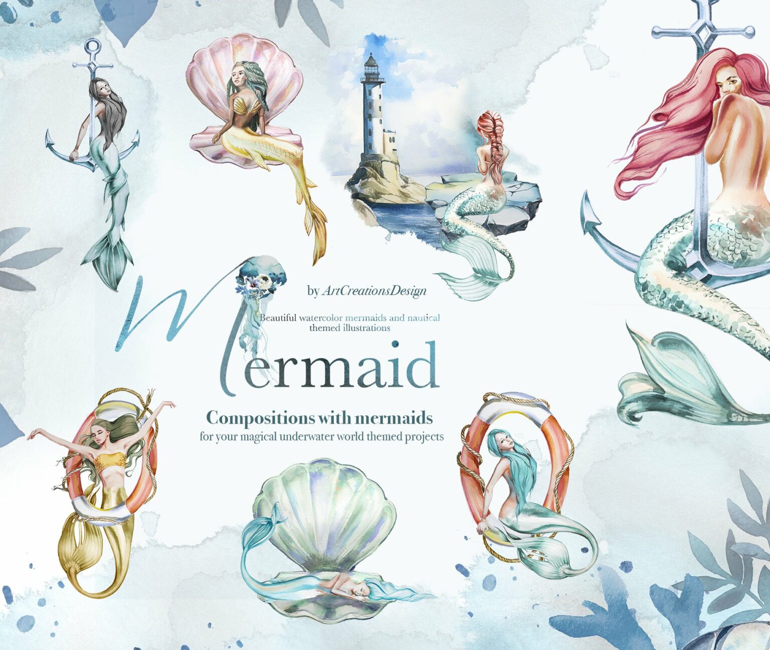 Watercolor Mermaid Clipart Set – MasterBundles