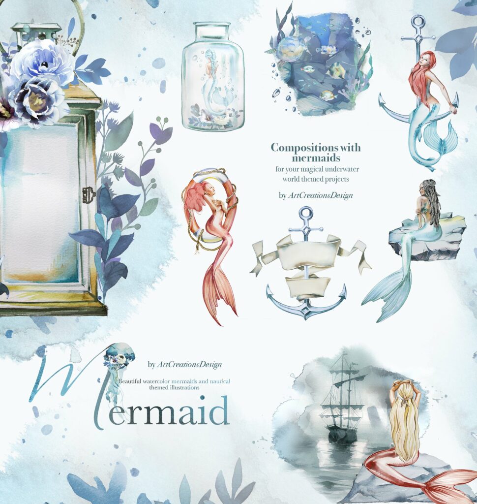 Watercolor Mermaid Clipart Set – MasterBundles