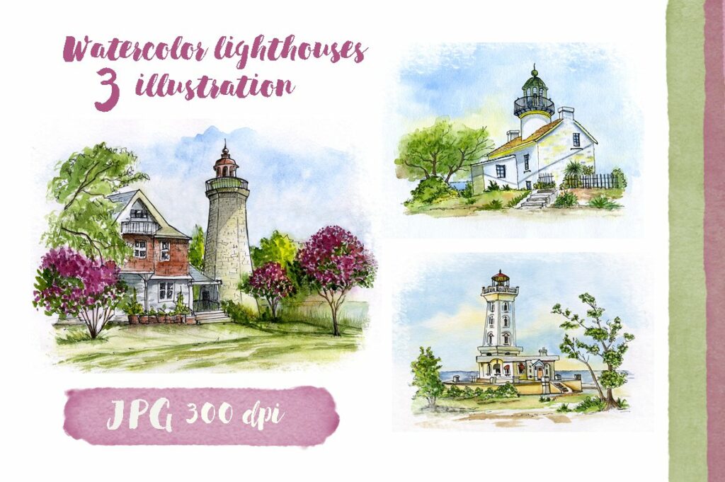 Collection Of Watercolor Lighthouses – MasterBundles