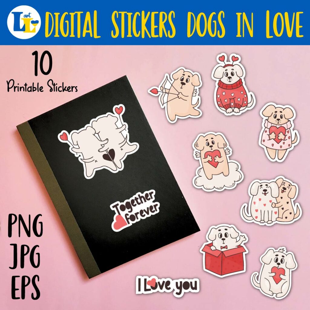 Cute In Love Dog Pets Printable Digital Sticker - MasterBundles