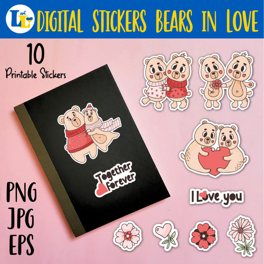 Cute In Love Bears Printable Digital Sticker - MasterBundles