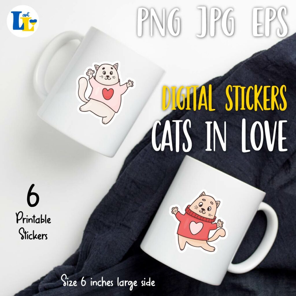 Cute In Love Cats Stickers Bundle Printable Digital Sticker - MasterBundles