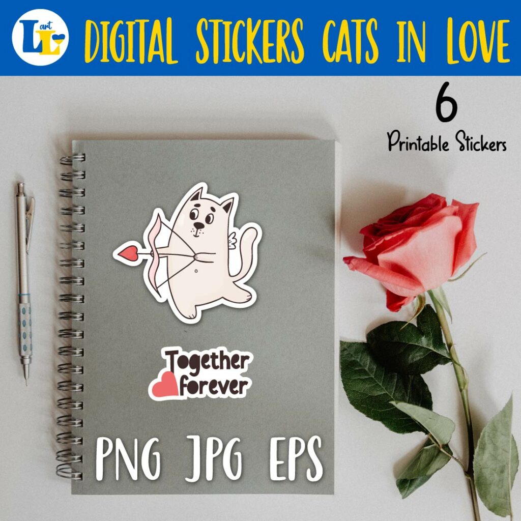 Cute In Love Cats Stickers Bundle Printable Digital Sticker - MasterBundles