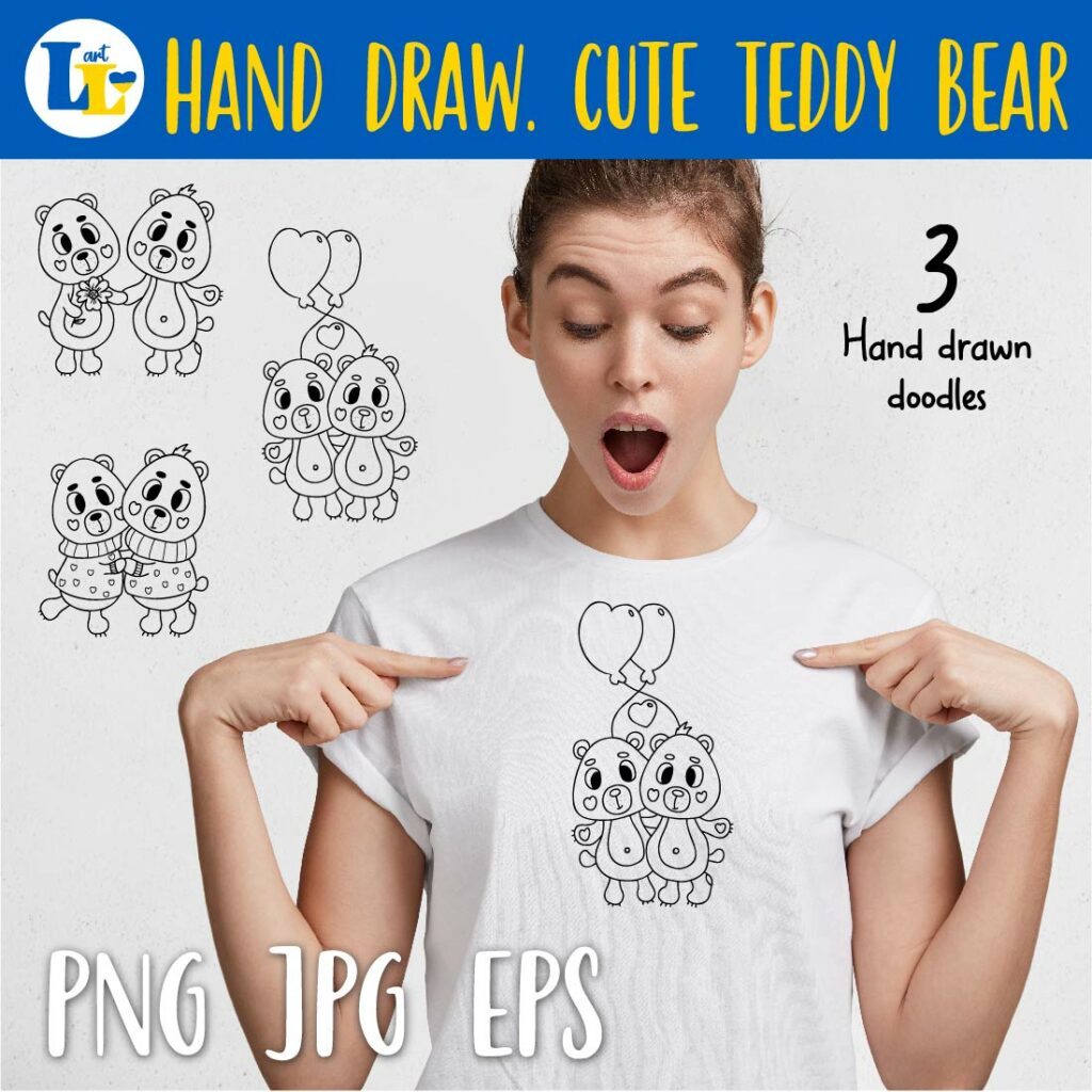 Hand Drawn Couple Lovers Cute Teddy Bear Doodle - MasterBundles