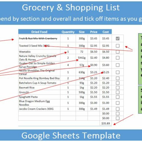 Editable Grocery List Template for Google Sheets - MasterBundles