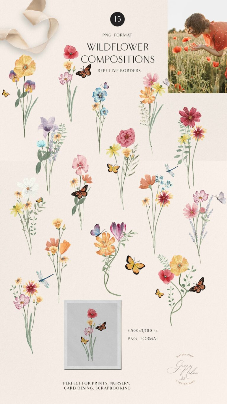 Meadow Bright Wild Flowers Set – MasterBundles