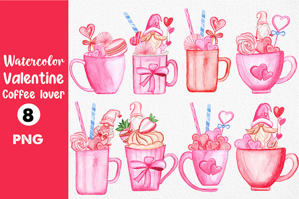 Watercolor Valentine Coffee Cup Clipart Set - MasterBundles