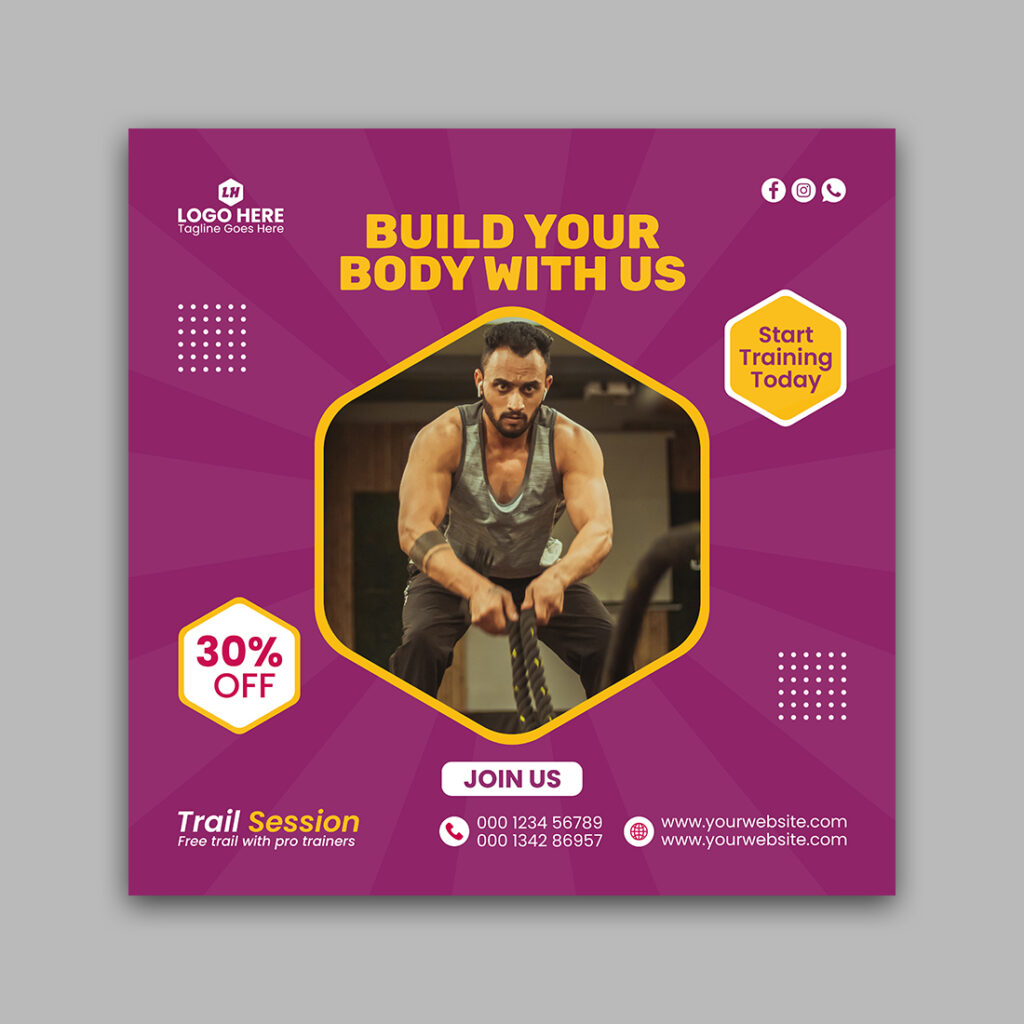 Modern Gymnasium (GYM) Social Media Instagram Post Design Template ...
