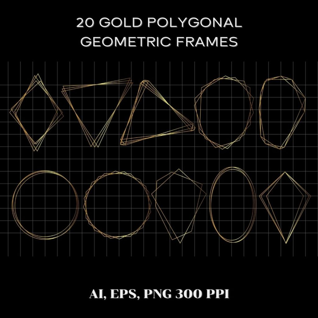 20 Gold Polygonal Geometric Frames - MasterBundles