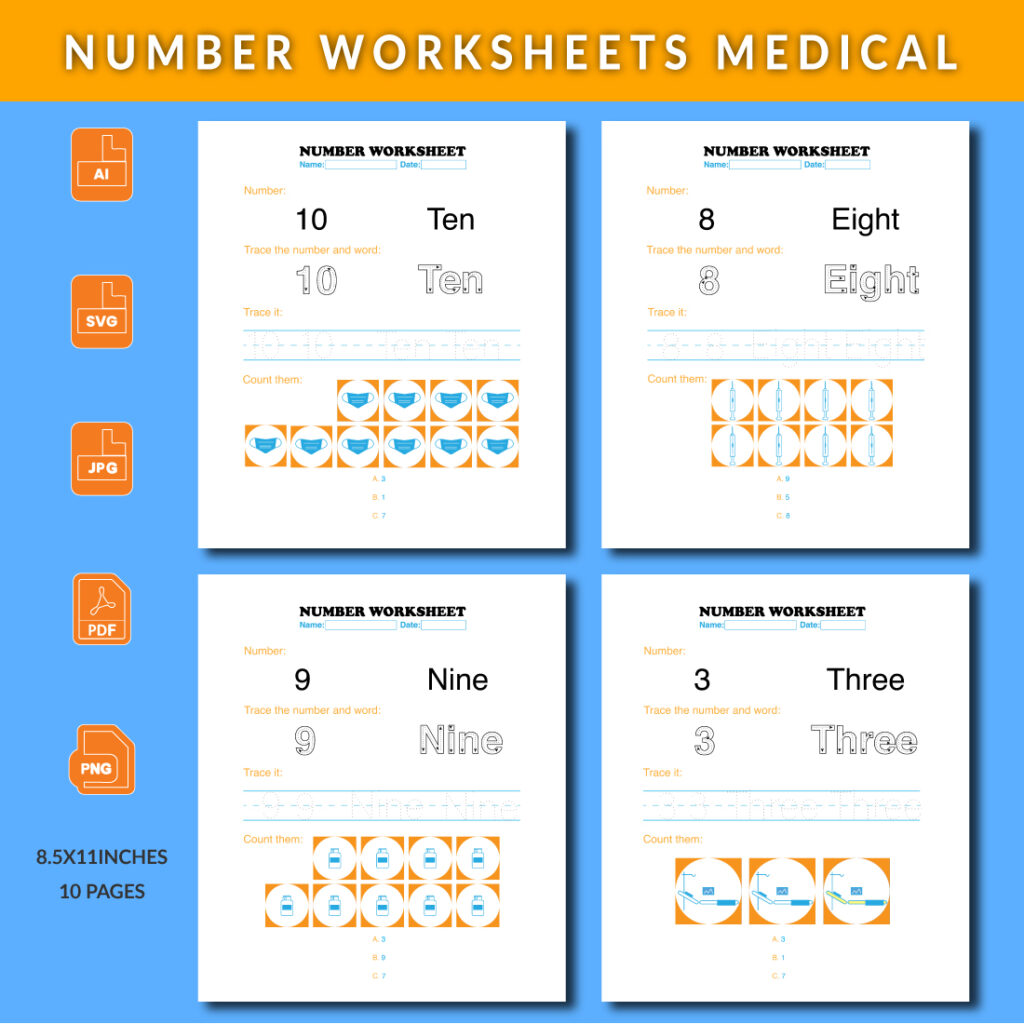 Number Worksheet Medical - 1 to 10 - MasterBundles
