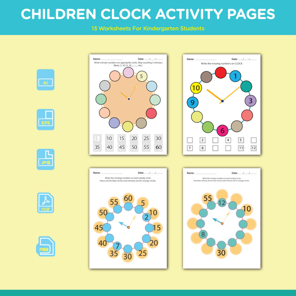 Children Clock Learning Activity Pages | MasterBundles