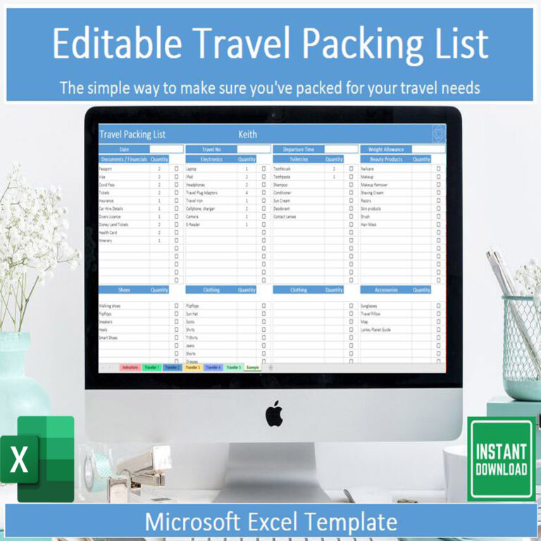 Editable Travel Packing List Template for Microsoft Excel - MasterBundles