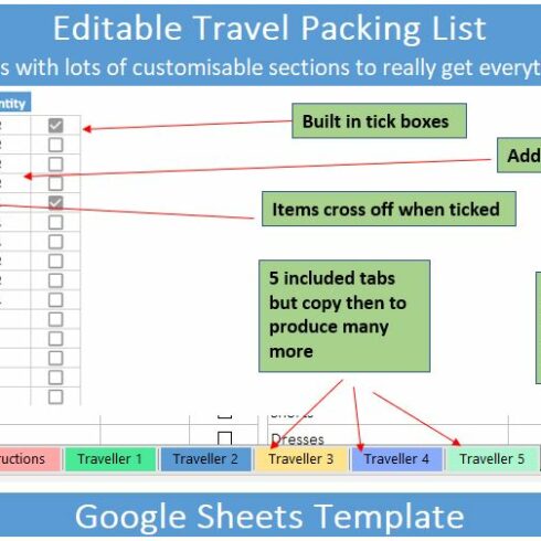 Editable Travel Packing List Template for Google Sheets - MasterBundles