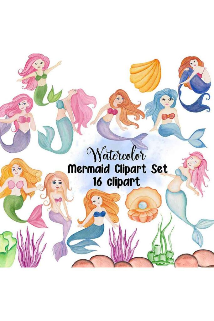 Watercolor Mermaid Clipart Set - MasterBundles