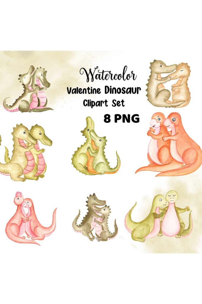 Watercolor Valentine Dinosaur Clipart - MasterBundles
