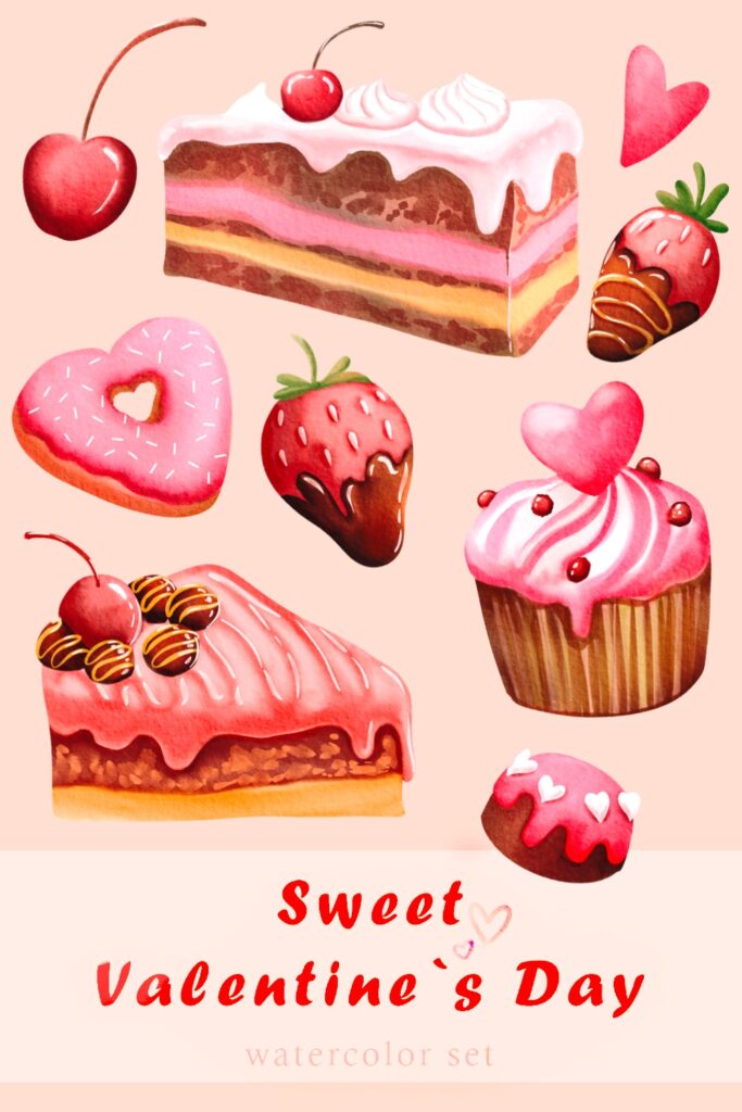Valentine’s Day Watercolor Sweet Cake Clipart for 9$ - MasterBundles