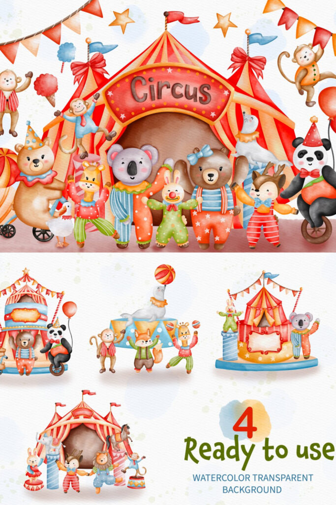 Watercolor Circus Clipart, Animals – MasterBundles