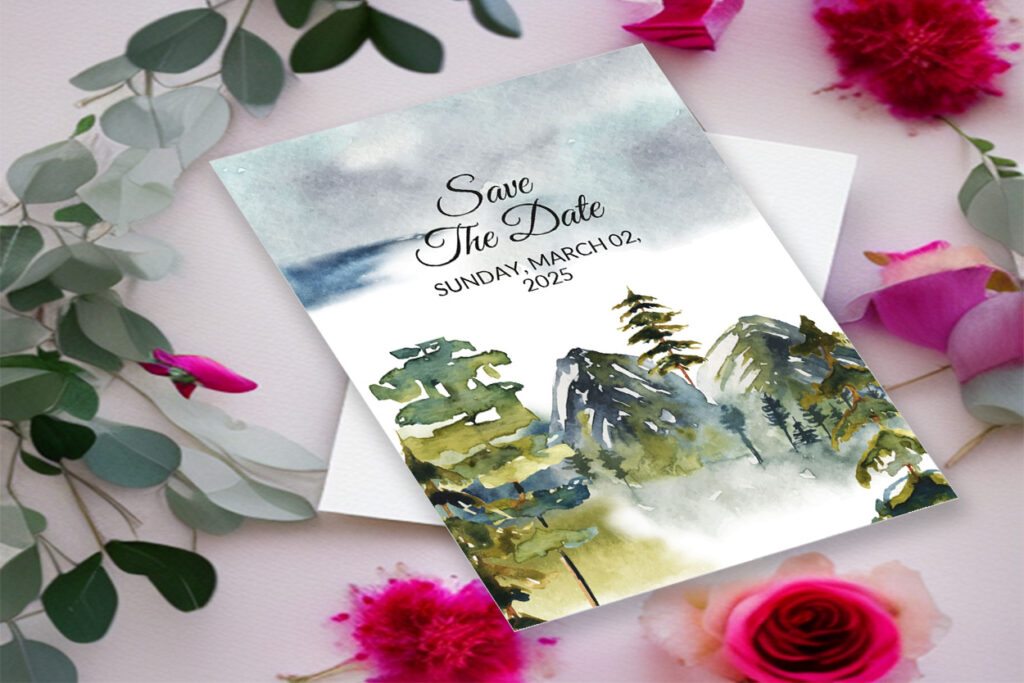 Green Forest Winter Wedding Card Design - MasterBundles