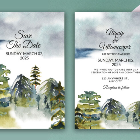 Green Forest Winter Wedding Card Design - MasterBundles
