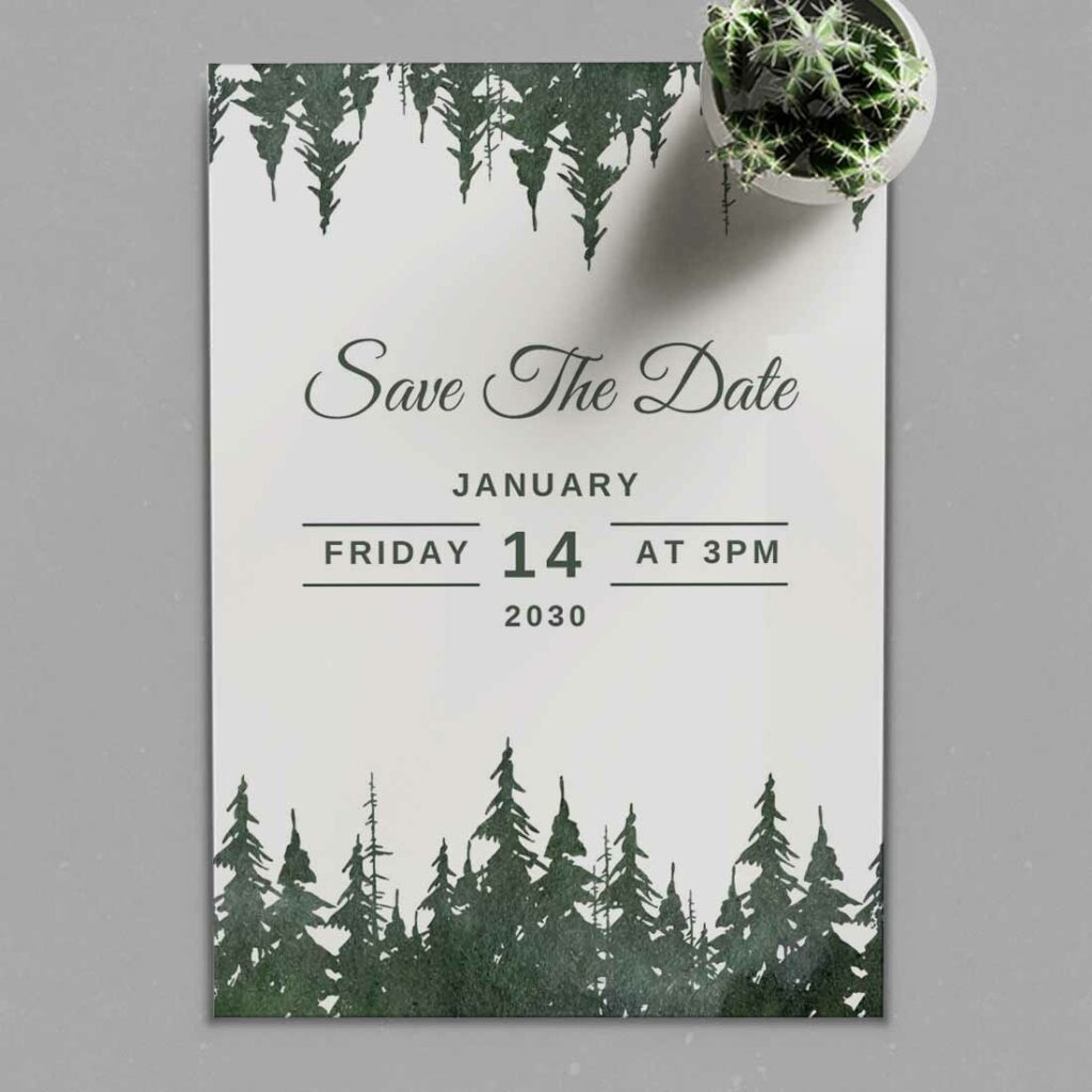 Winter Pine Tree Wedding Invitation Card - MasterBundles