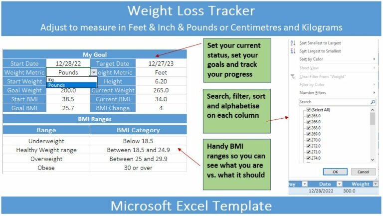 Editable Weight Loss Tracker Template for Microsoft Excel - MasterBundles