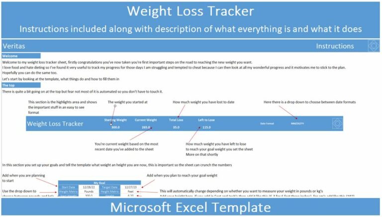 Editable Weight Loss Tracker Template for Microsoft Excel - MasterBundles