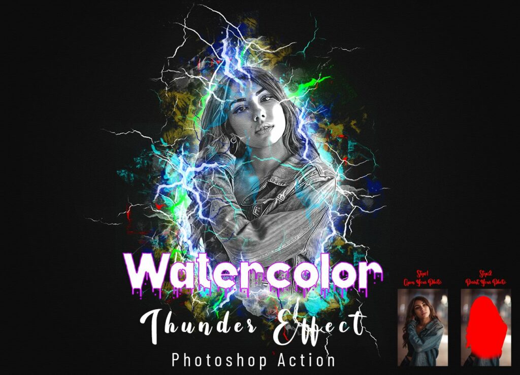 Watercolor Thunder Effect PS Action – MasterBundles