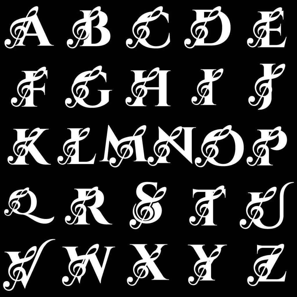 Initial A-Z monogram alphabet with a musical note. Symphony or melody ...