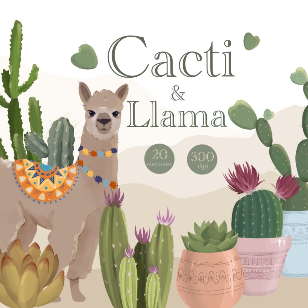 Cacti And Lama Clipart - MasterBundles