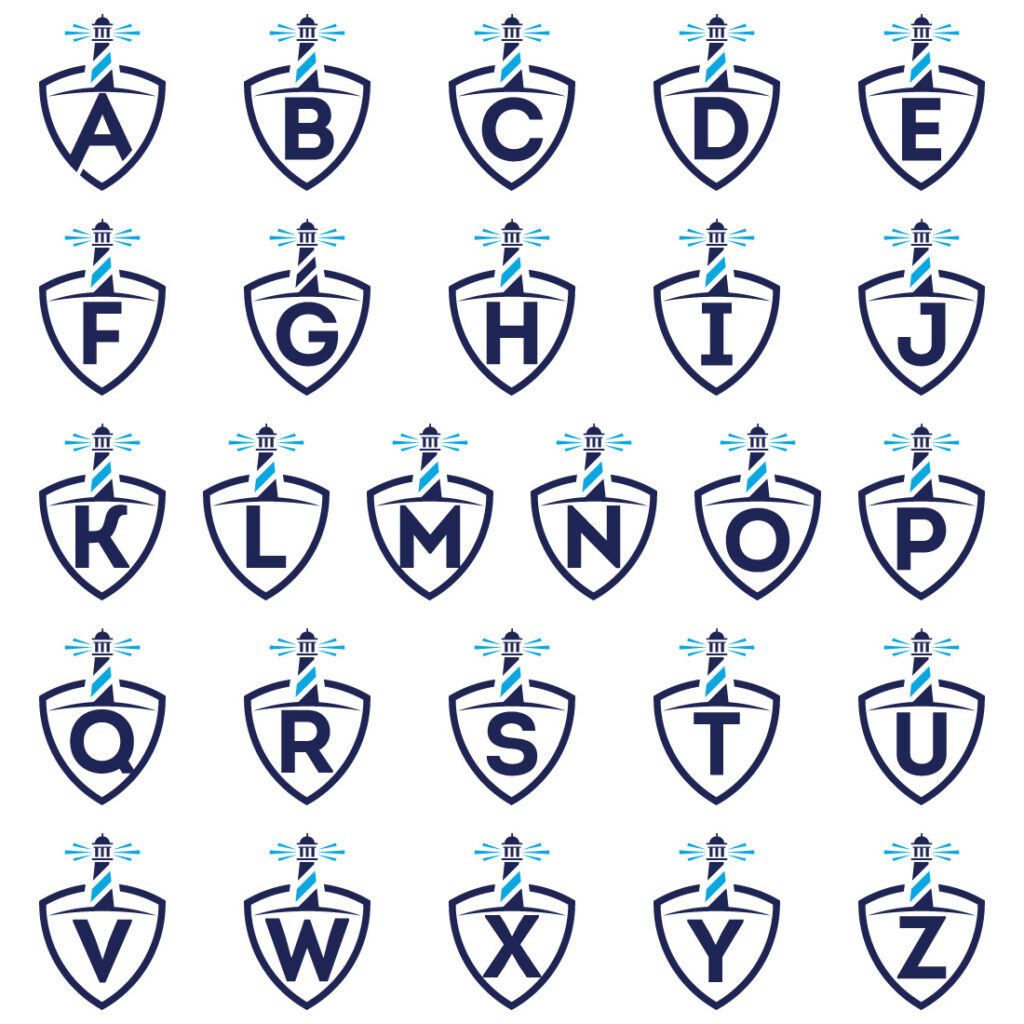 Initial A-Z monogram alphabet in a shield with the lighthouse. Harbor ...