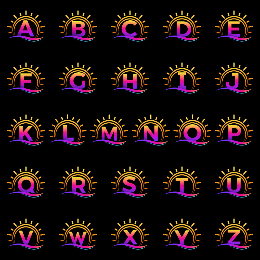 Initial A-Z monogram alphabet with abstract sun and wave. Ocean sun ...