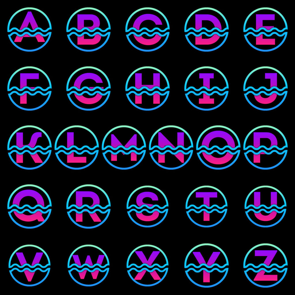 Initial A-Z monogram alphabet in a circle with water waves. Water wave ...