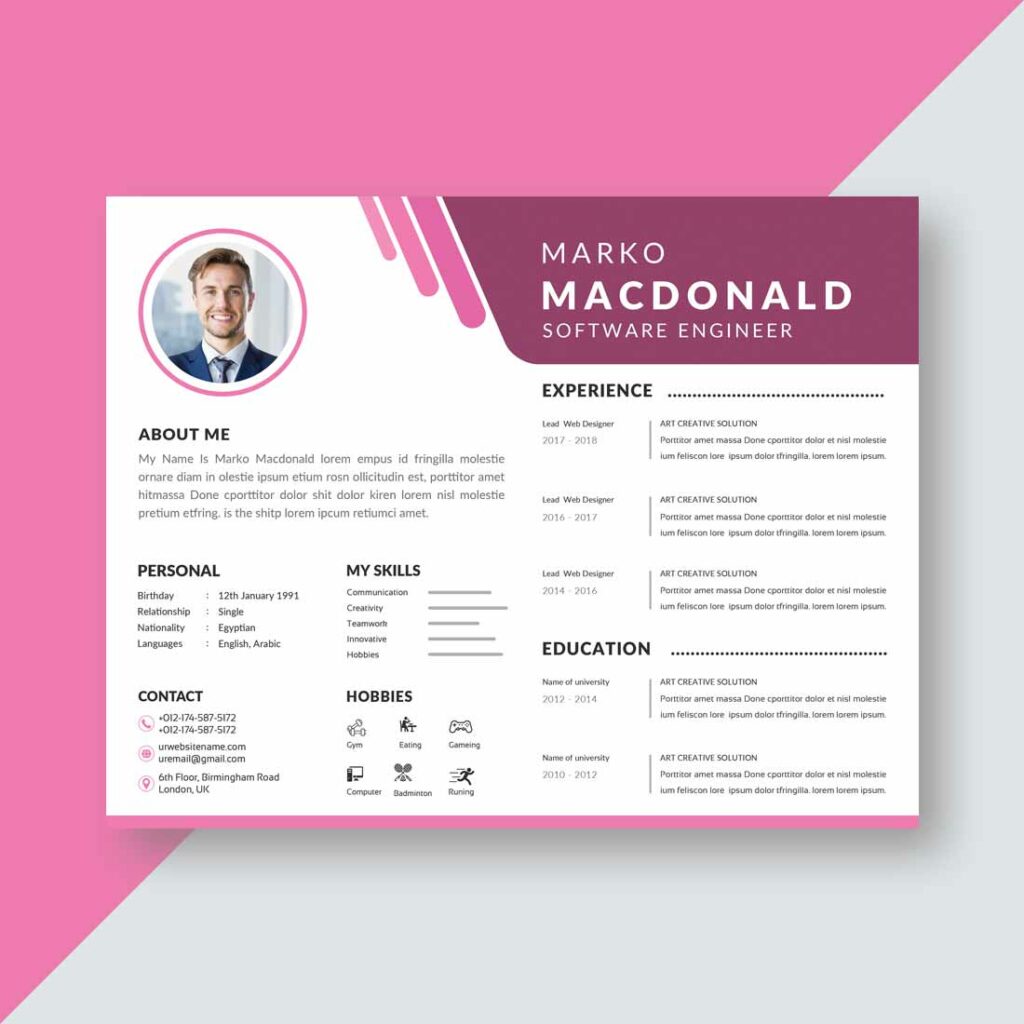 Modern Cv Layout with Flatbar and Pink Elements - MasterBundles