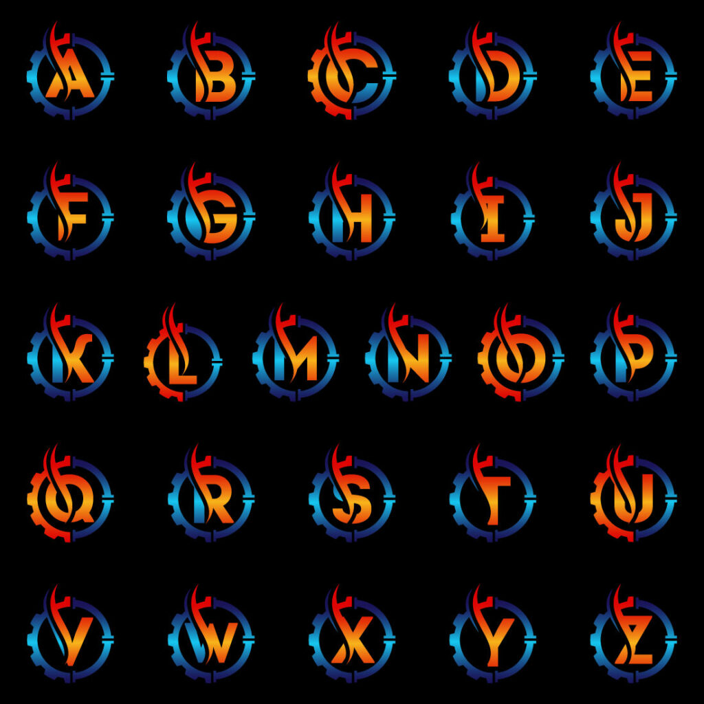 Initial A-Z monogram alphabet with gear pipe and flame. Oil and gas ...