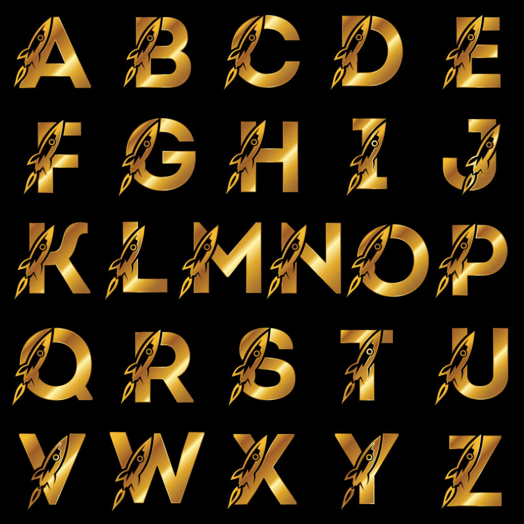 Initial A-Z monogram letter alphabet with a Rocket logo design. Rocket icon. Font emblem ...