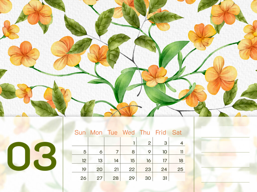 Free March Calendar with Yellow Flowers - MasterBundles