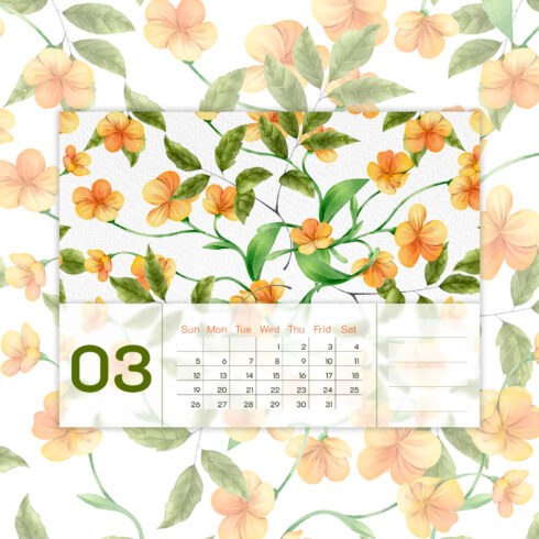Free March Calendar with Yellow Flowers - MasterBundles