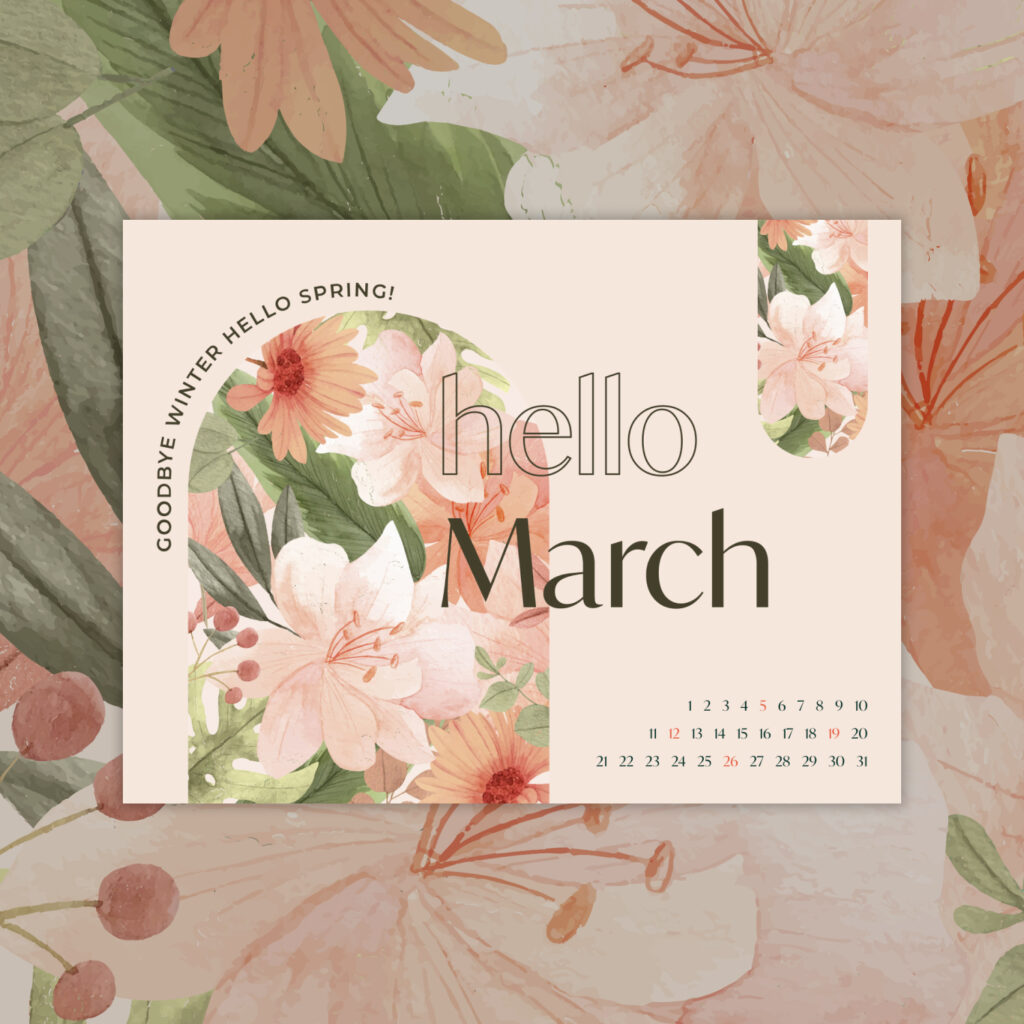Free March Calendar with Pastel Flowers - MasterBundles