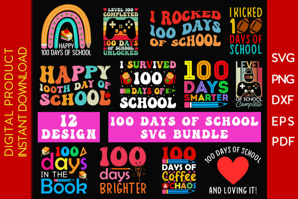 100 Days of School SVG PNG T-Shirt Design Bundle - MasterBundles
