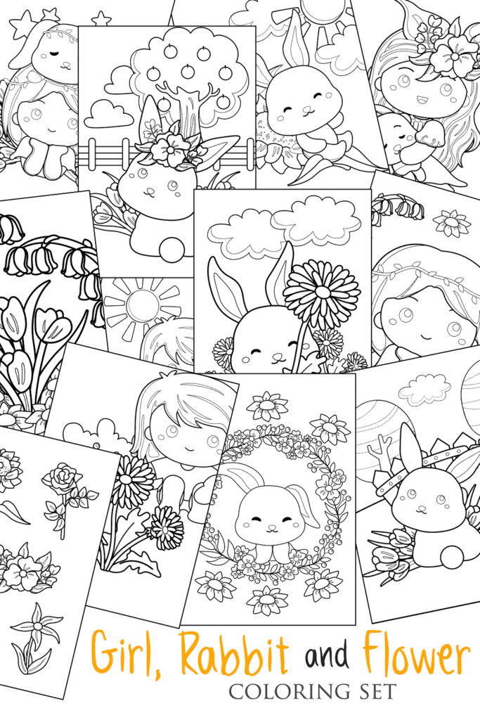 Girl Rabbit Flower Animal Cute Coloring Pages Activity For Kids And ...