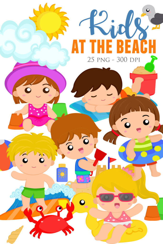 Kids at the Beach Summer Cute Vector Clipart Illustrations - MasterBundles