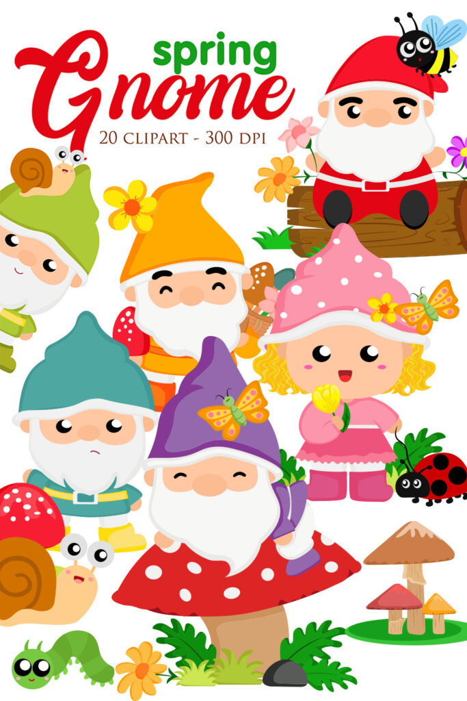 Spring Gnome Colorful Kids Vector Clipart Illustrations - MasterBundles