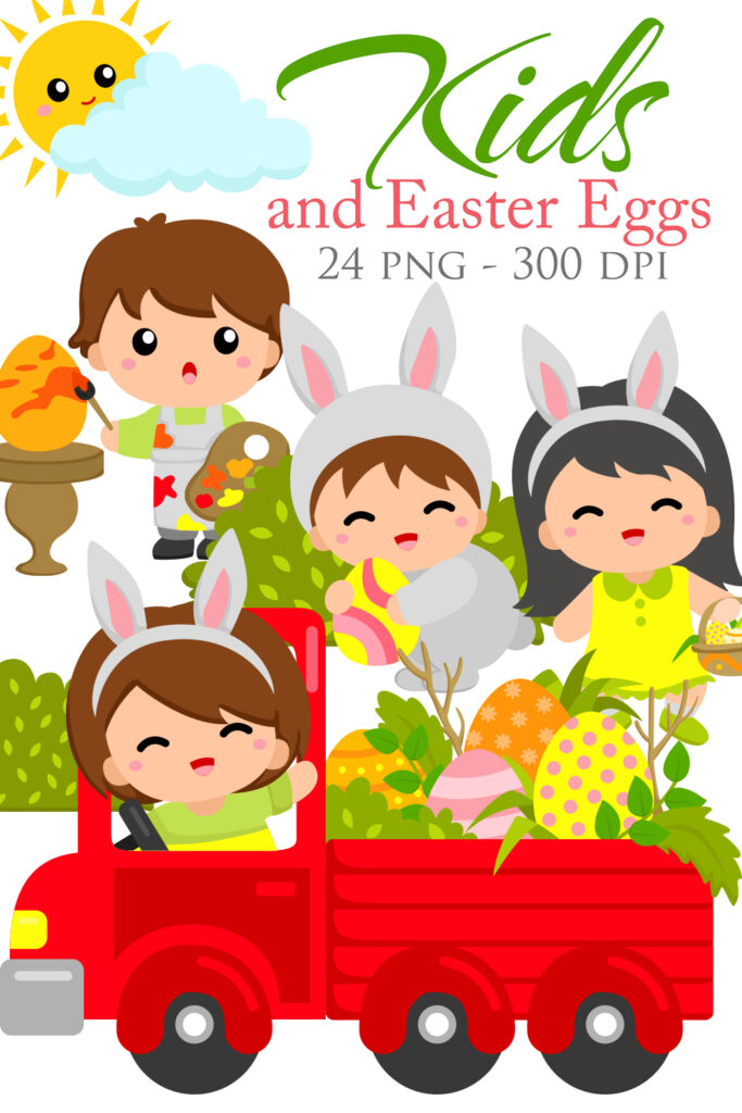 Easter Kids Holiday Eggs Colorful Vector Clipart Illustrations ...