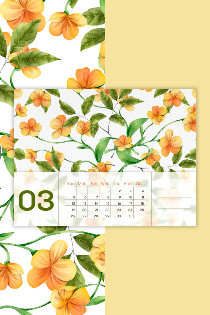 Free March Calendar with Yellow Flowers - MasterBundles