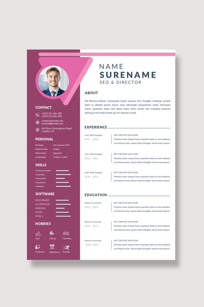 Resume Layout with Sidebar and Pink Elements - MasterBundles