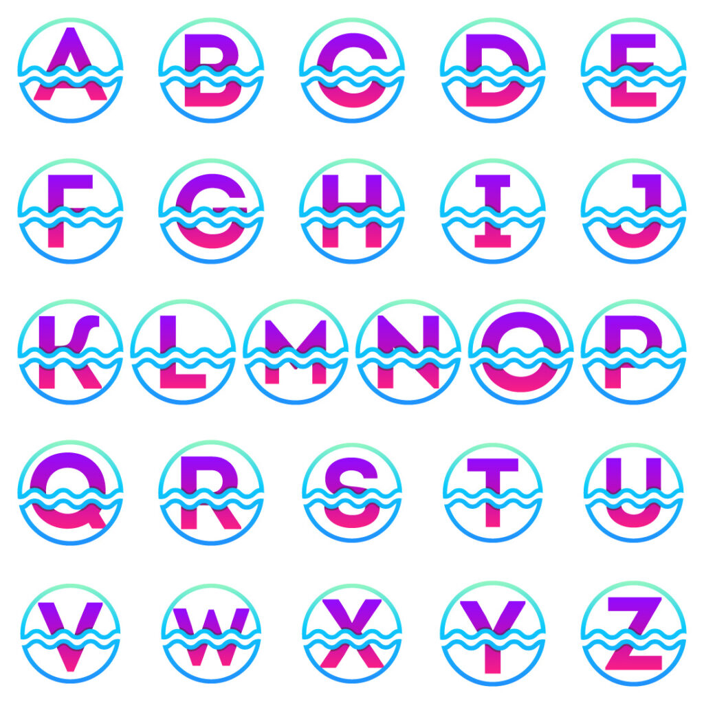 Initial A-Z monogram alphabet in a circle with water waves. Water wave ...