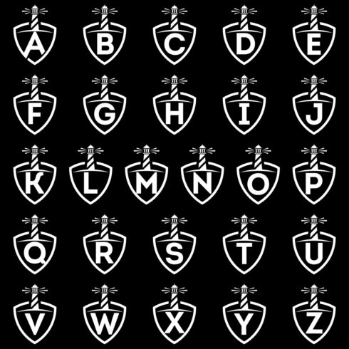 Initial A-Z monogram alphabet in a shield with the lighthouse. Harbor ...