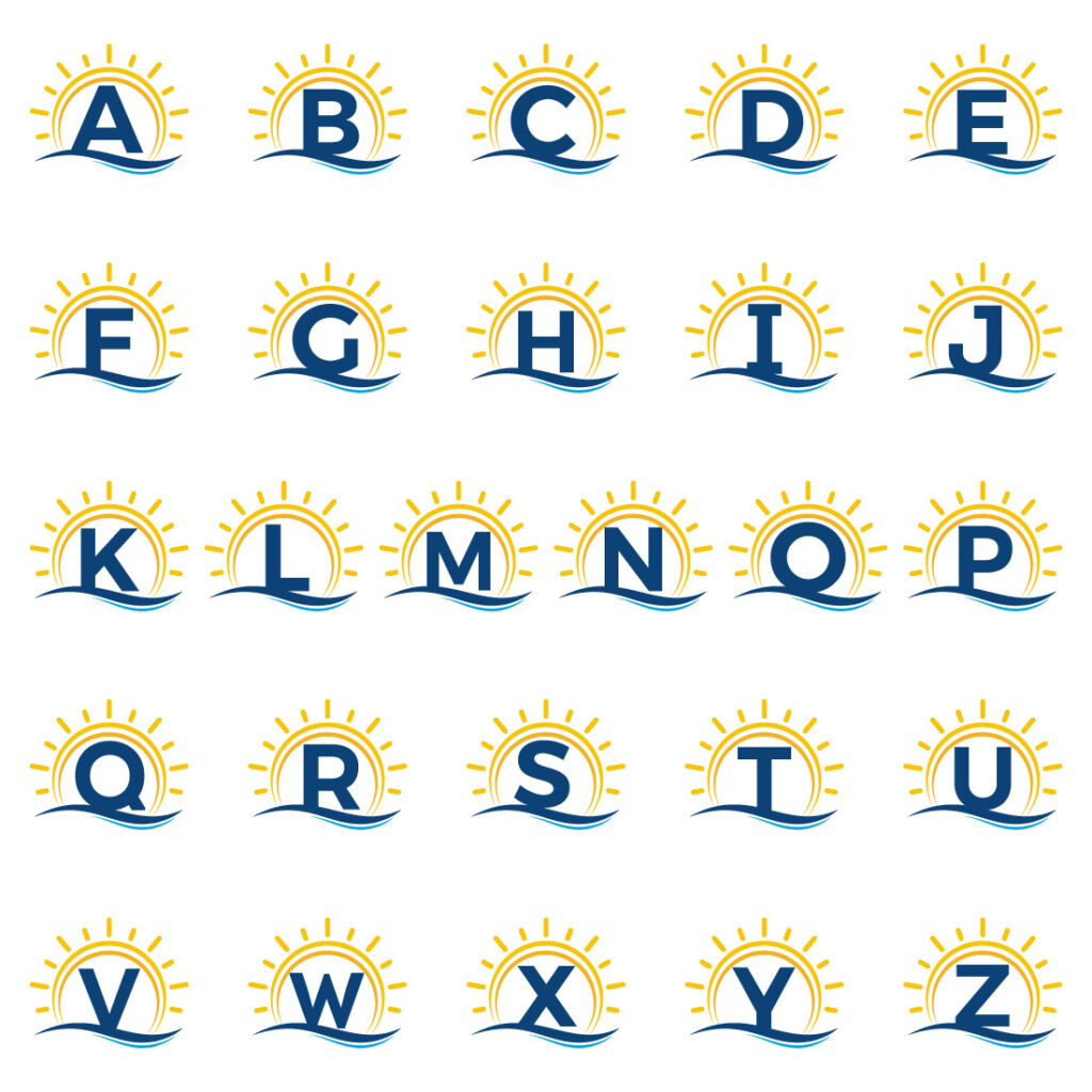 Initial A-Z monogram alphabet with abstract sun and wave. Ocean sun ...