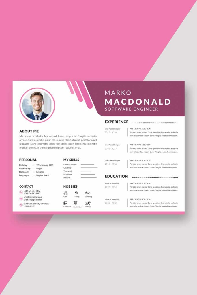 Modern Cv Layout with Flatbar and Pink Elements - MasterBundles